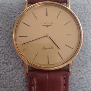 Vintage Longines Men's Gold Dial Quartz Watch – 33mm – Leather Strap ...