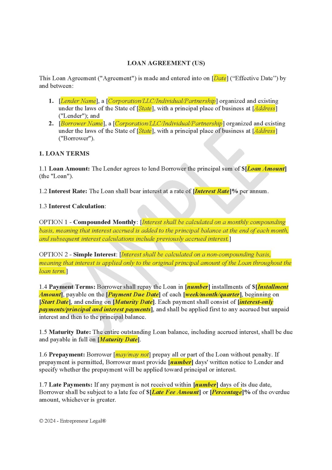 Loan Agreement (US) (with Drafting Instructions) - Etsy