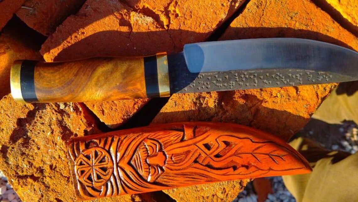 Handmade Viking Knife | Nordic Bushcraft Knife With Carved Wooden ...