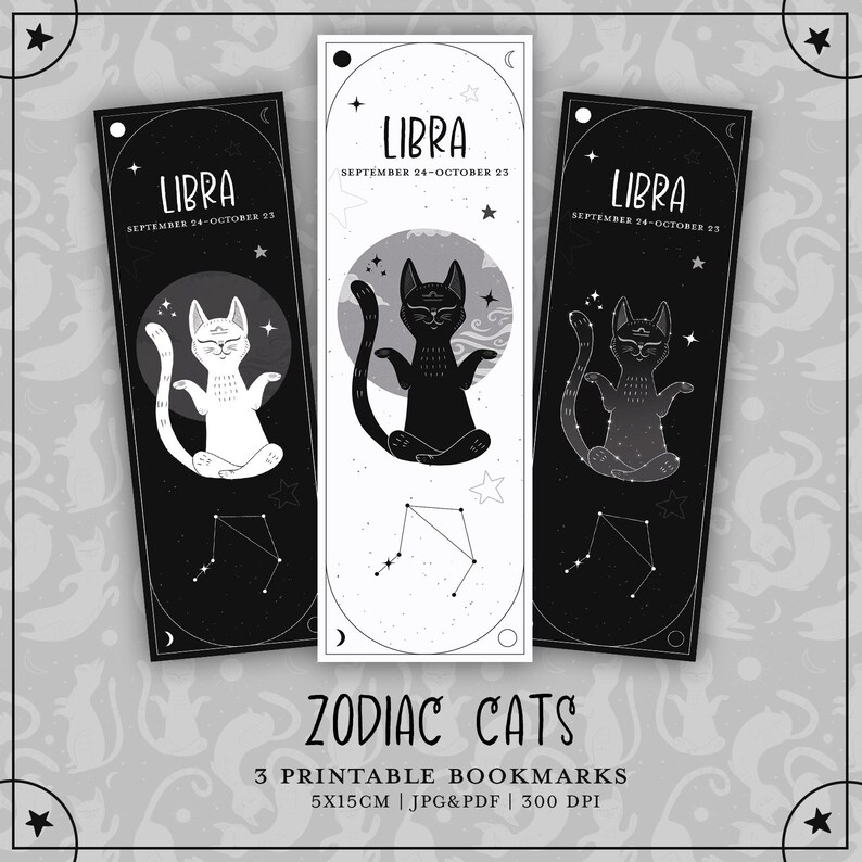 Zodiac Cats Printable Bookmarks | Libra | Celestial | Book Lover ...