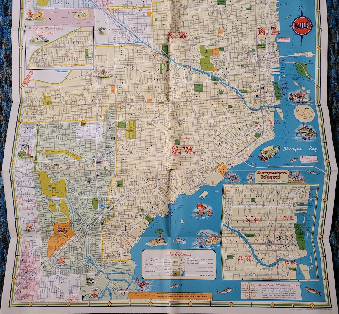 C.1950s Map of Miami Beach and Miami Florida, Vintage City Road Map - Etsy