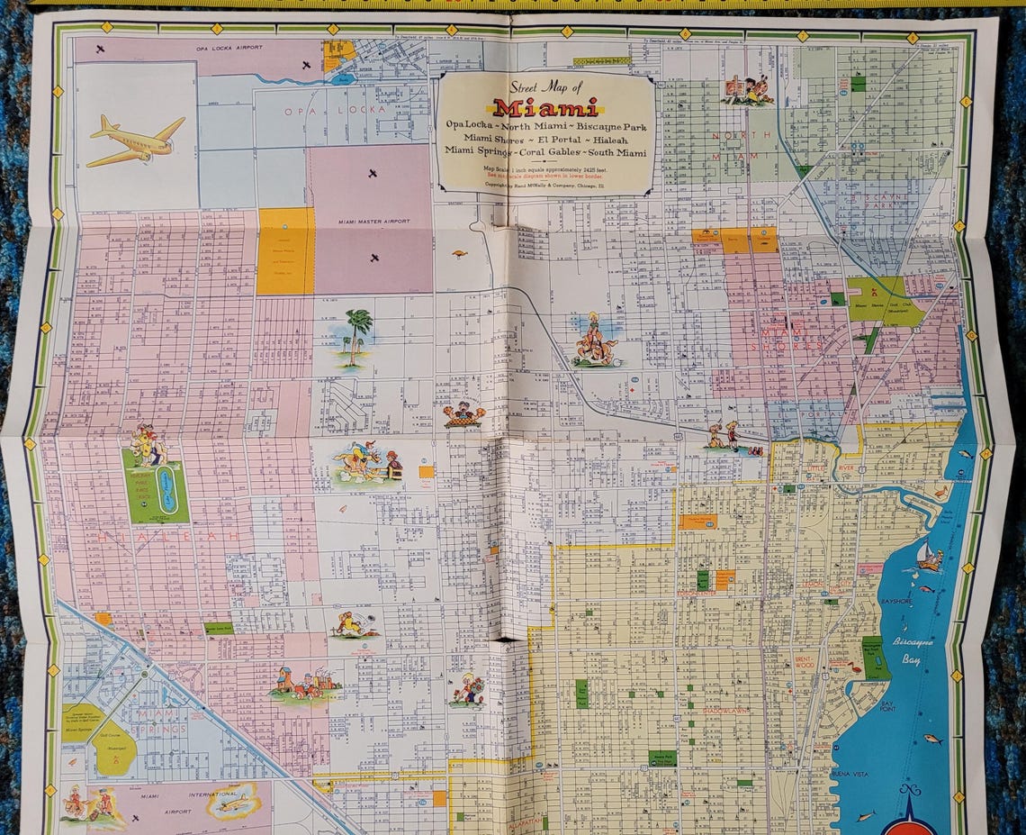 C.1950s Map of Miami Beach and Miami Florida, Vintage City Road Map - Etsy