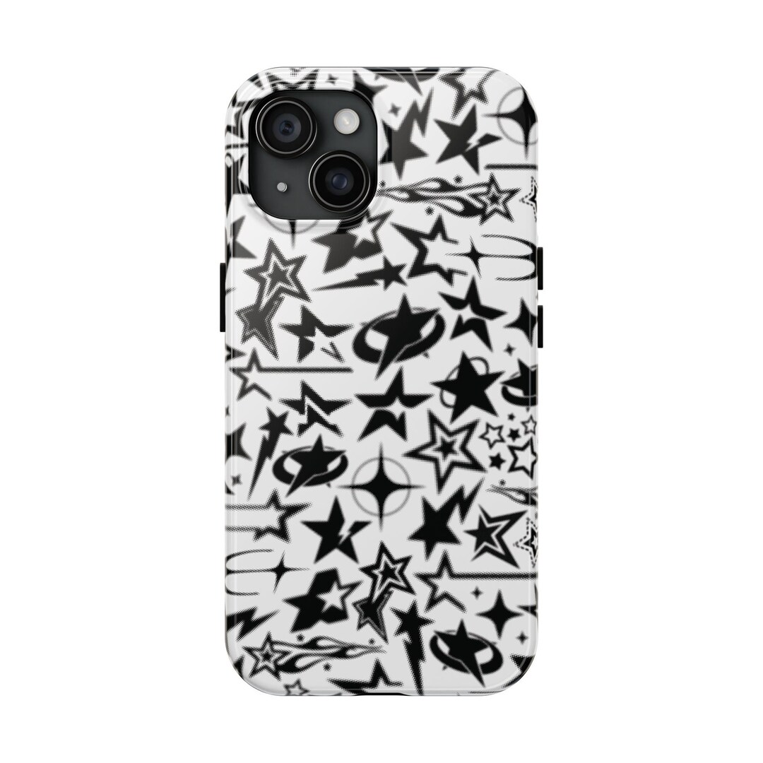 Y2K Digital Stars White Phone Case Black, 2000s Style Fashion Icon ...