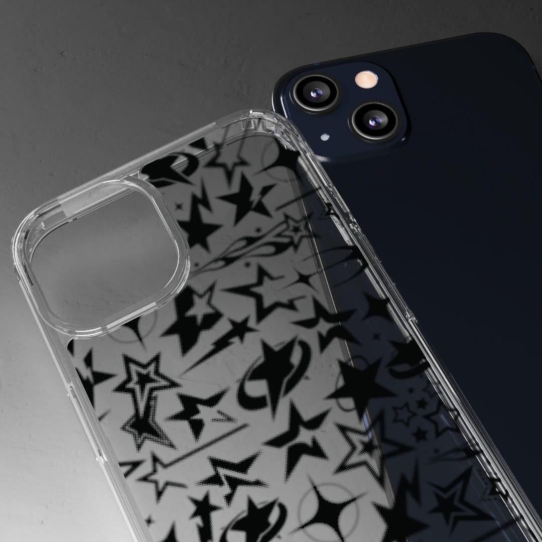 Y2K Digital Stars Clear Phone Case Black, 2000s Style Fashion Icon ...