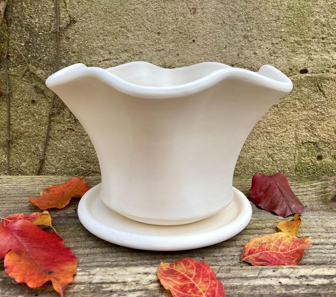 WHITE EARTHENWARE PLANTER #27: Fluted, Porous Clay Flower Pot With ...