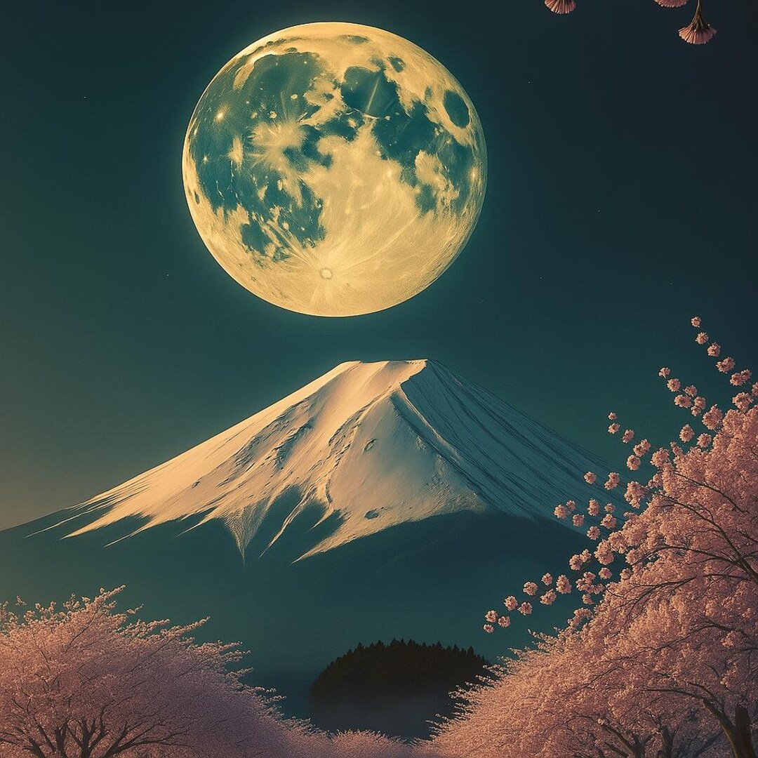 Mount Fuji at Night Poster – Full Moon & Sakura | A4 Printable Wall Art ...