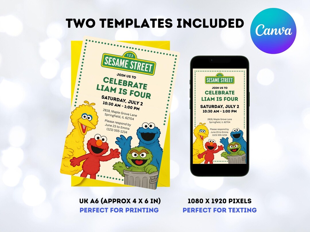 Editable Sesame Street Birthday Invitation | Digital Download | Canva ...
