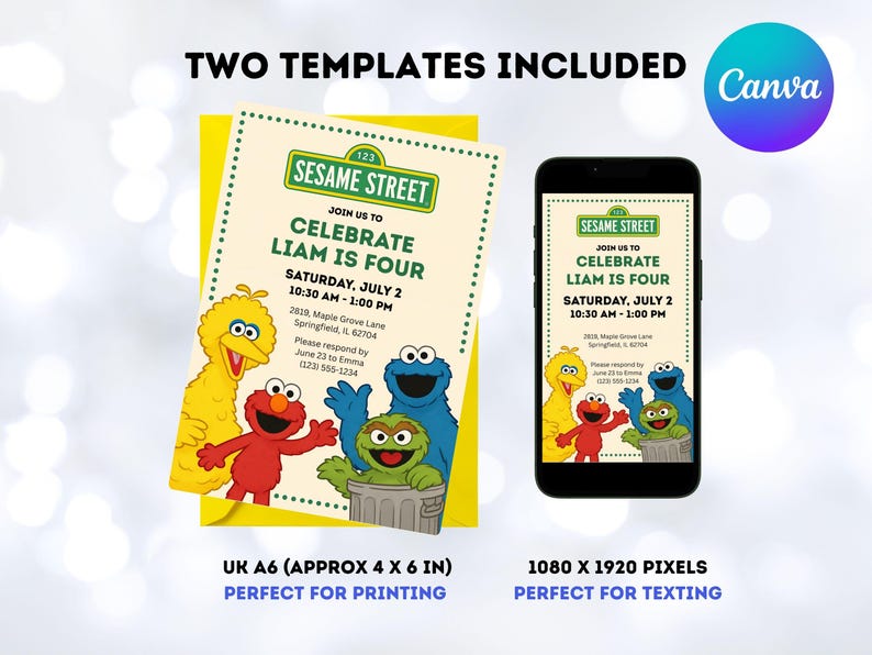 Editable Sesame Street Birthday Invitation | Digital Download | Canva ...
