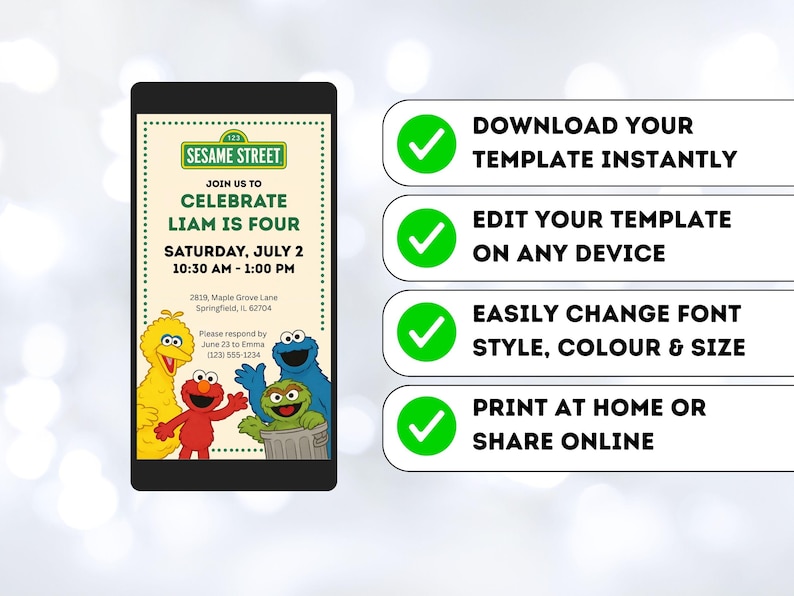 Editable Sesame Street Birthday Invitation | Digital Download | Canva ...