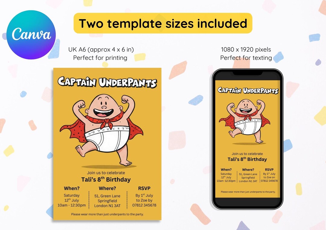 Captain Underpants Birthday Party Invitation Template | Boy Girl Party ...