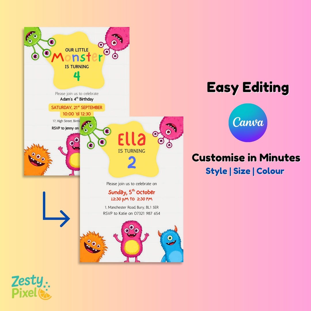 Editable Monster Birthday: Friendly Alien Creature Canva Template ...