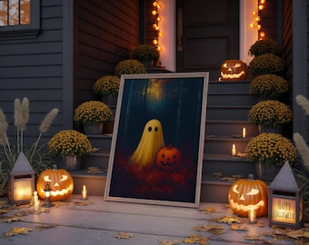 Halloween Ghost Painting: Spooky Autumn Forest Wall Art (digital ...
