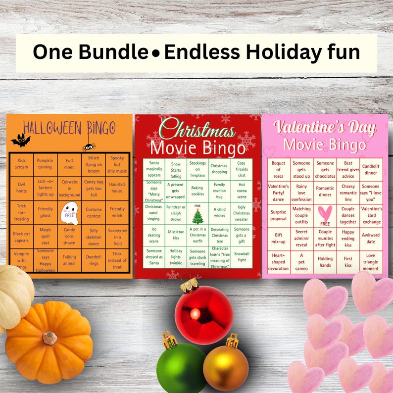 Movie Night Bingo Printable Bundle – Halloween, Christmas & Valentine’s ...