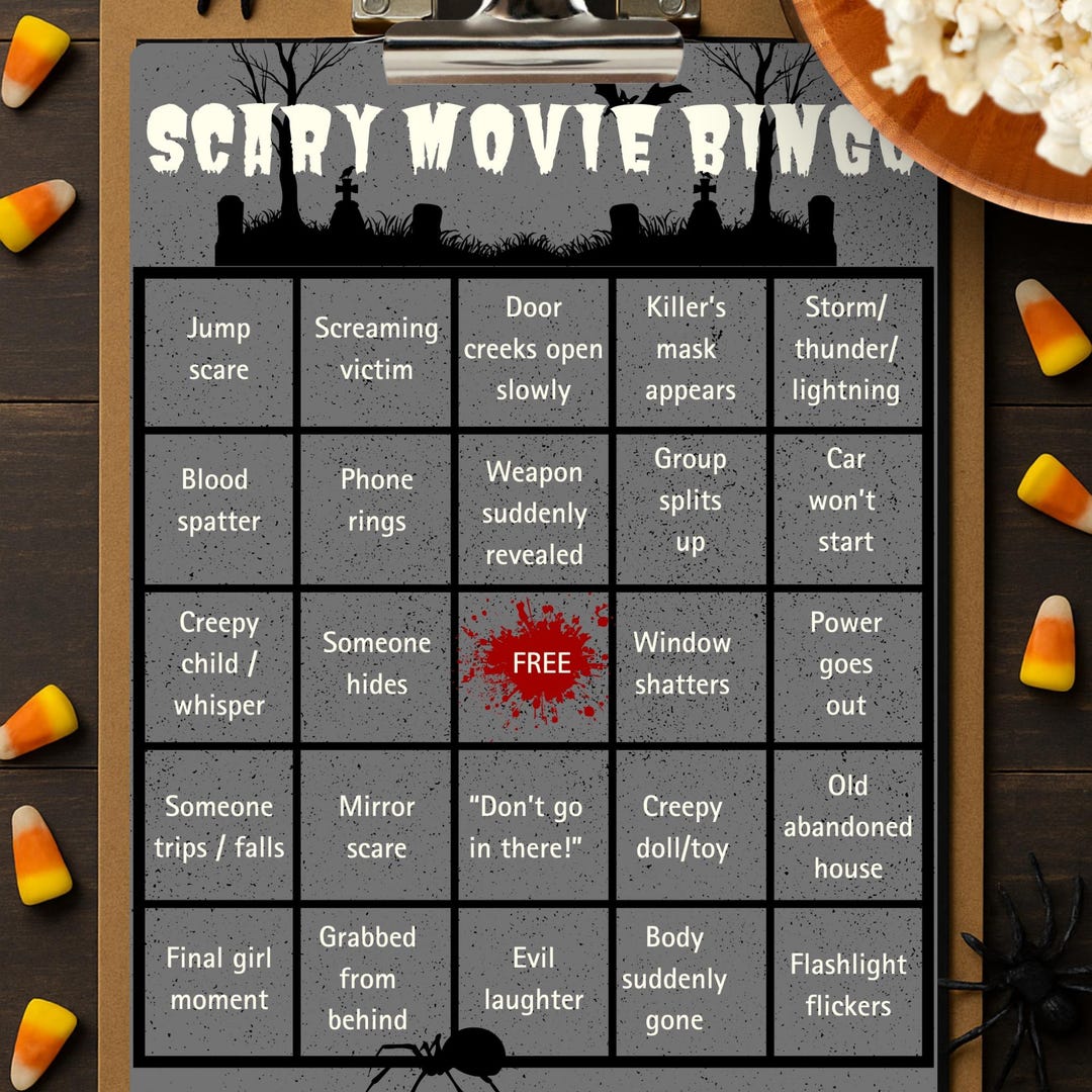 Scary Movie Bingo Printable | Halloween Horror Movie Night Party Game ...