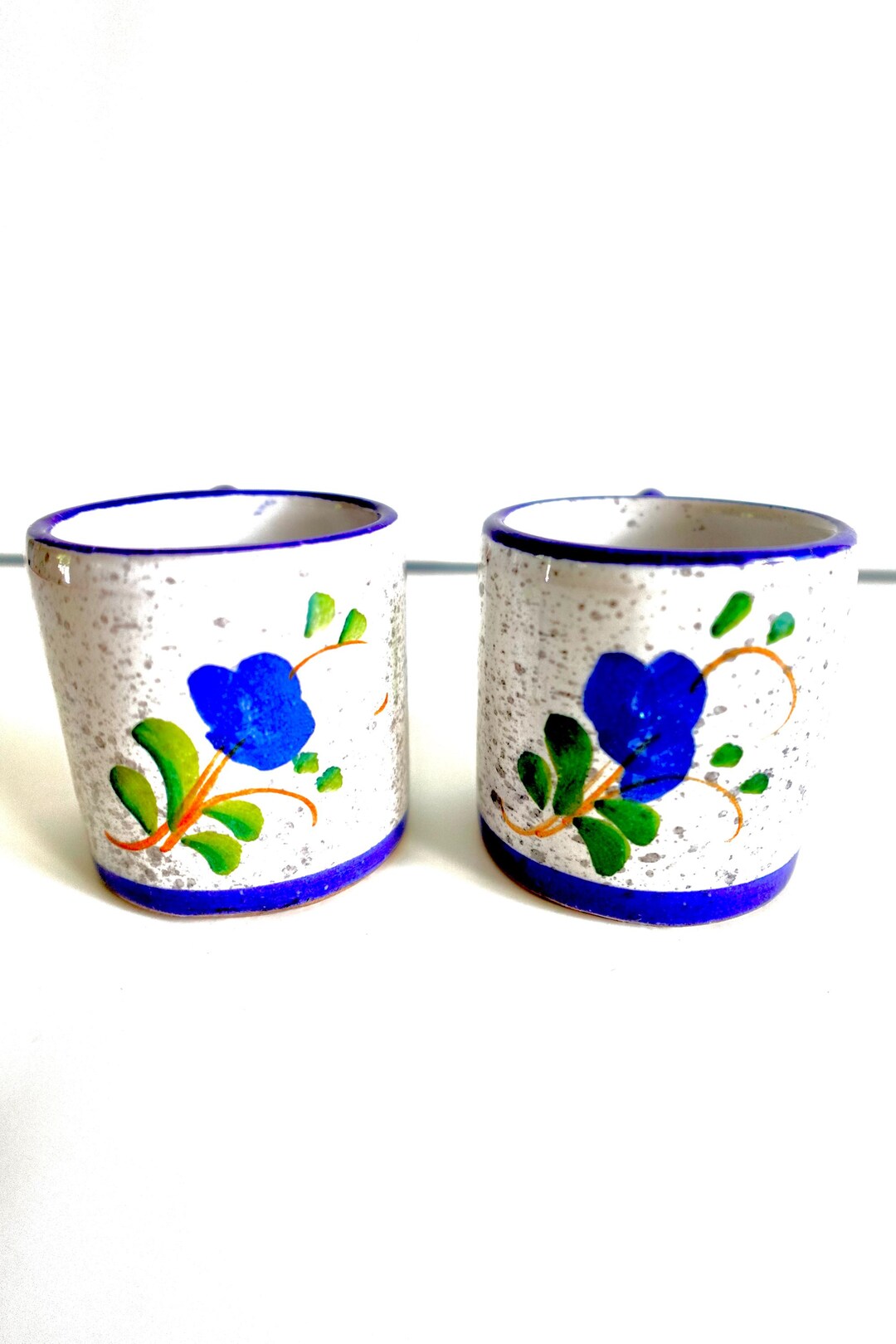 Hand-painted Mexican Talavera Cups – Vintage Blue Floral Pottery ...