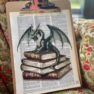 Dragon on Books - Hand-drawn, Digital Art Printed on Up-cycled Vintage ...
