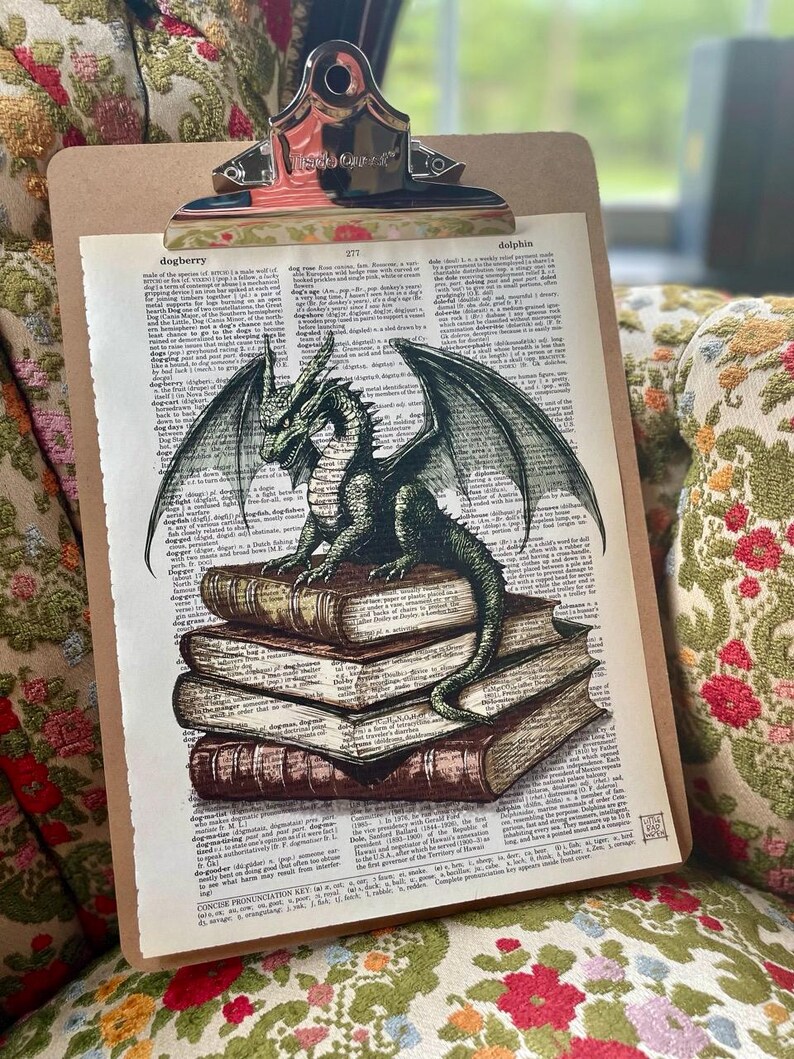 Dragon on Books - Hand-drawn, Digital Art Printed on Up-cycled Vintage ...