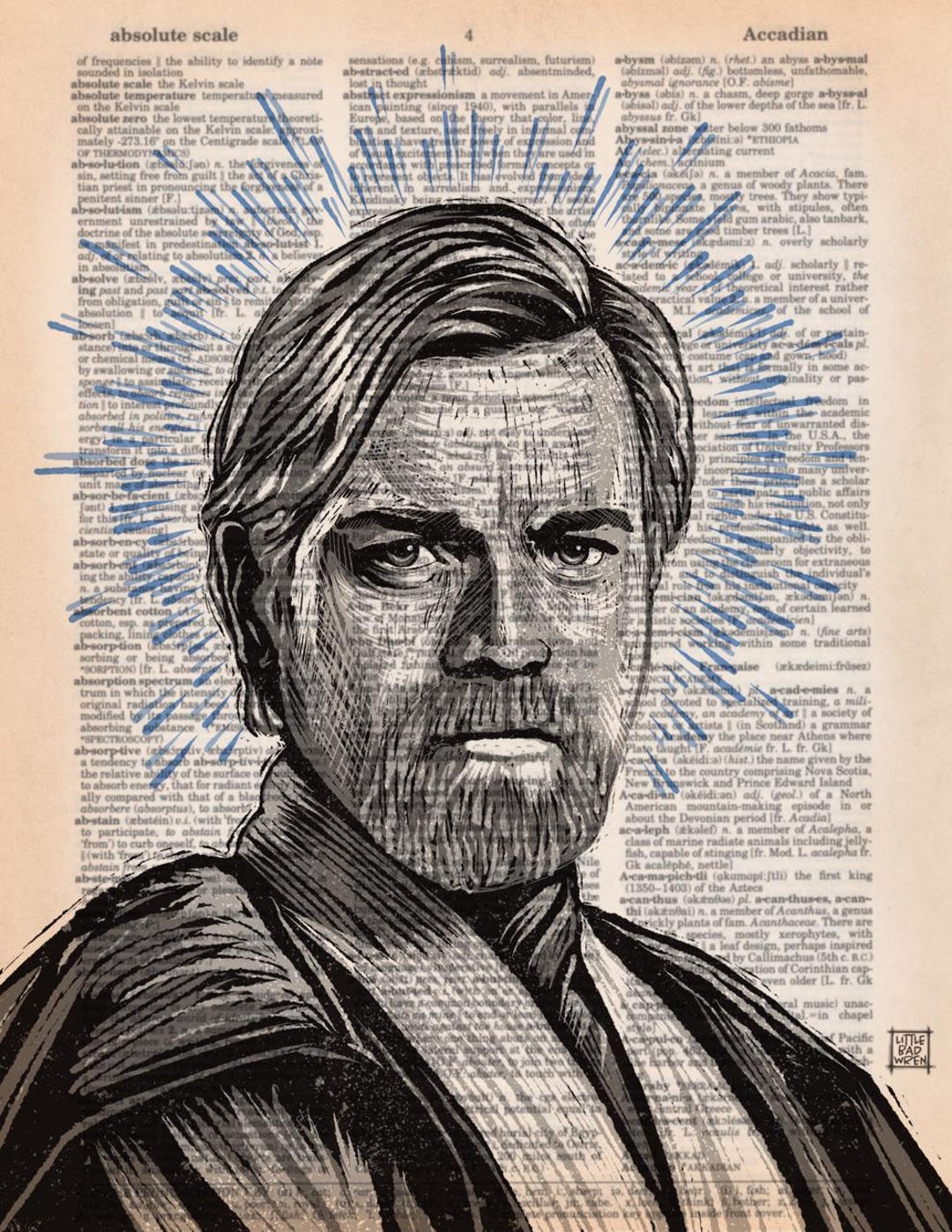 Obi-wan - Hand-drawn, Digital Art Printed on Up-cycled Vintage ...
