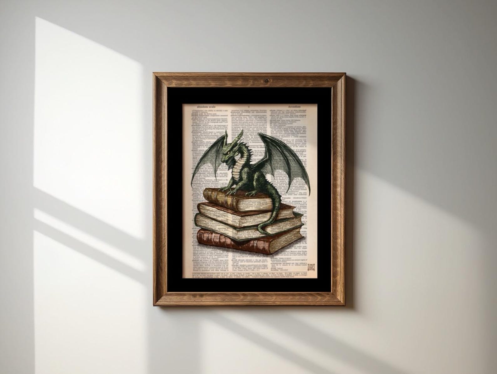 Dragon on Books - Hand-drawn, Digital Art Printed on Up-cycled Vintage ...