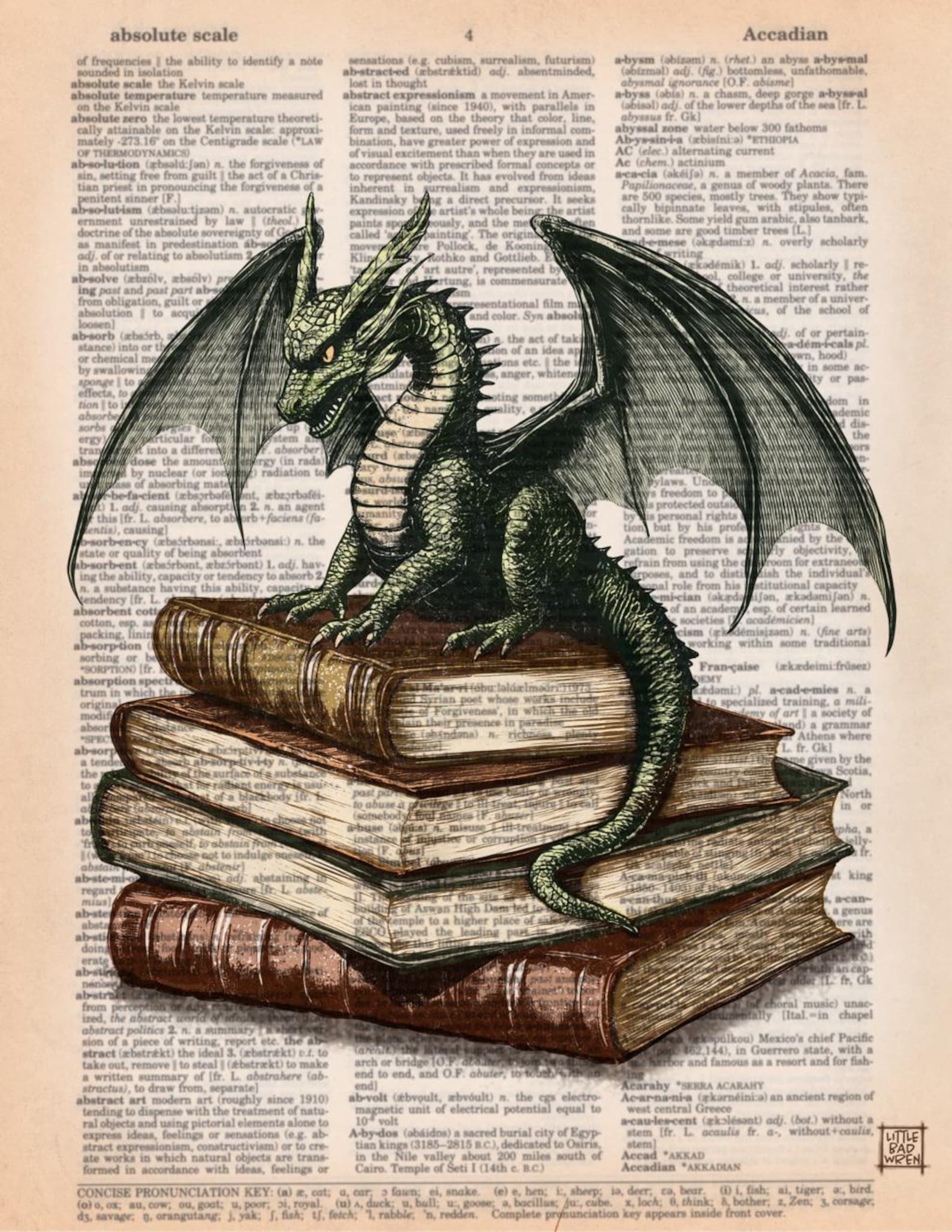 Dragon on Books - Hand-drawn, Digital Art Printed on Up-cycled Vintage ...