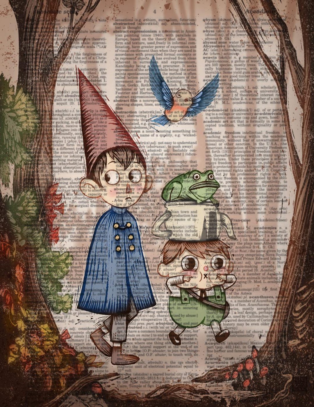 Over the Garden Wall - Wirt & Greg Art Print on Upcycled Vintage ...