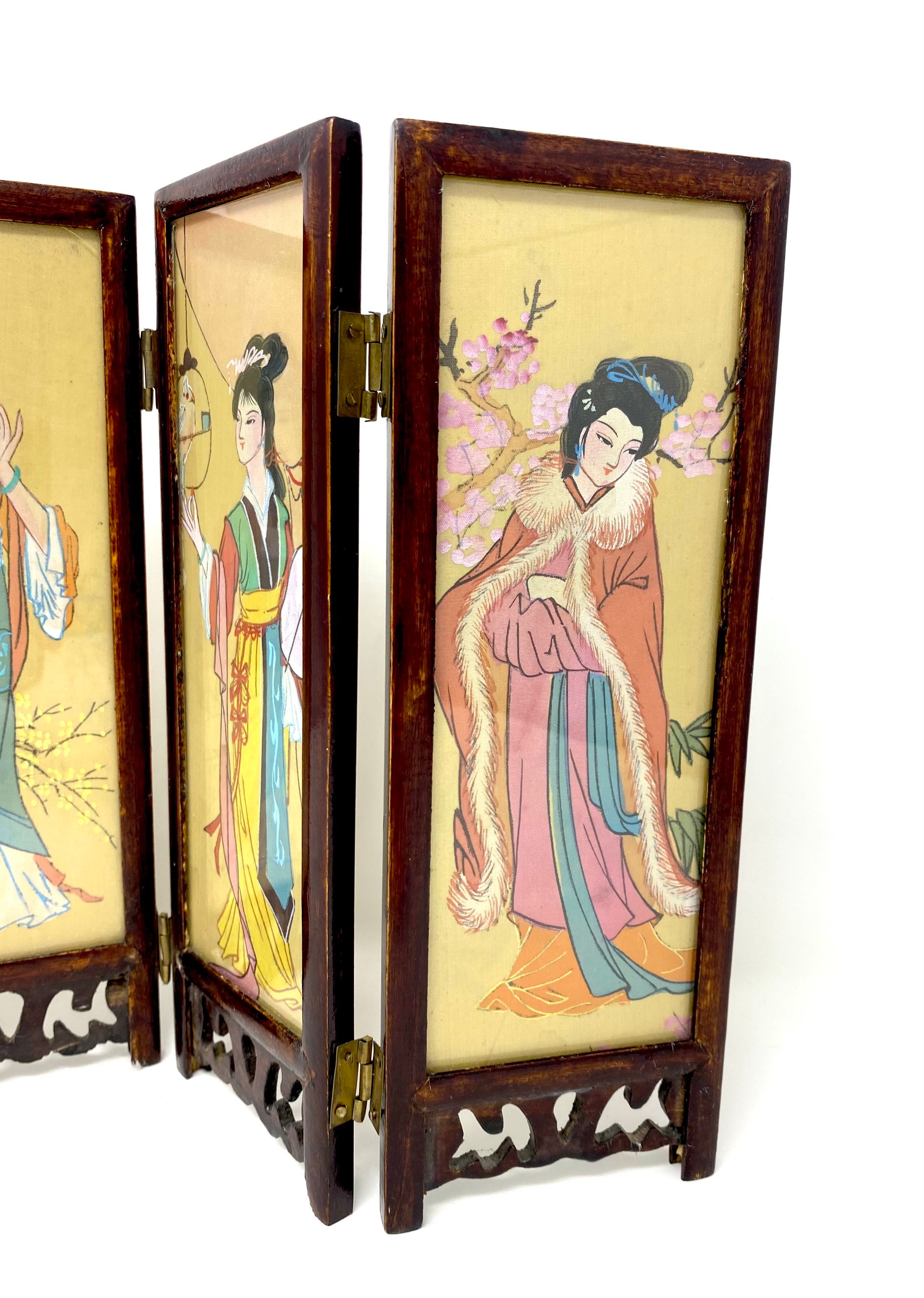 Vintage Chinese Silk Table Screen - Etsy