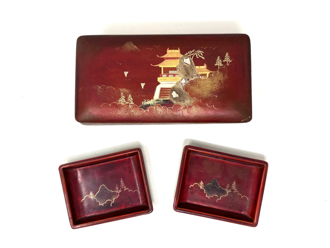 Vintage Japanese Ceramic Laquered Box and Trays - Etsy