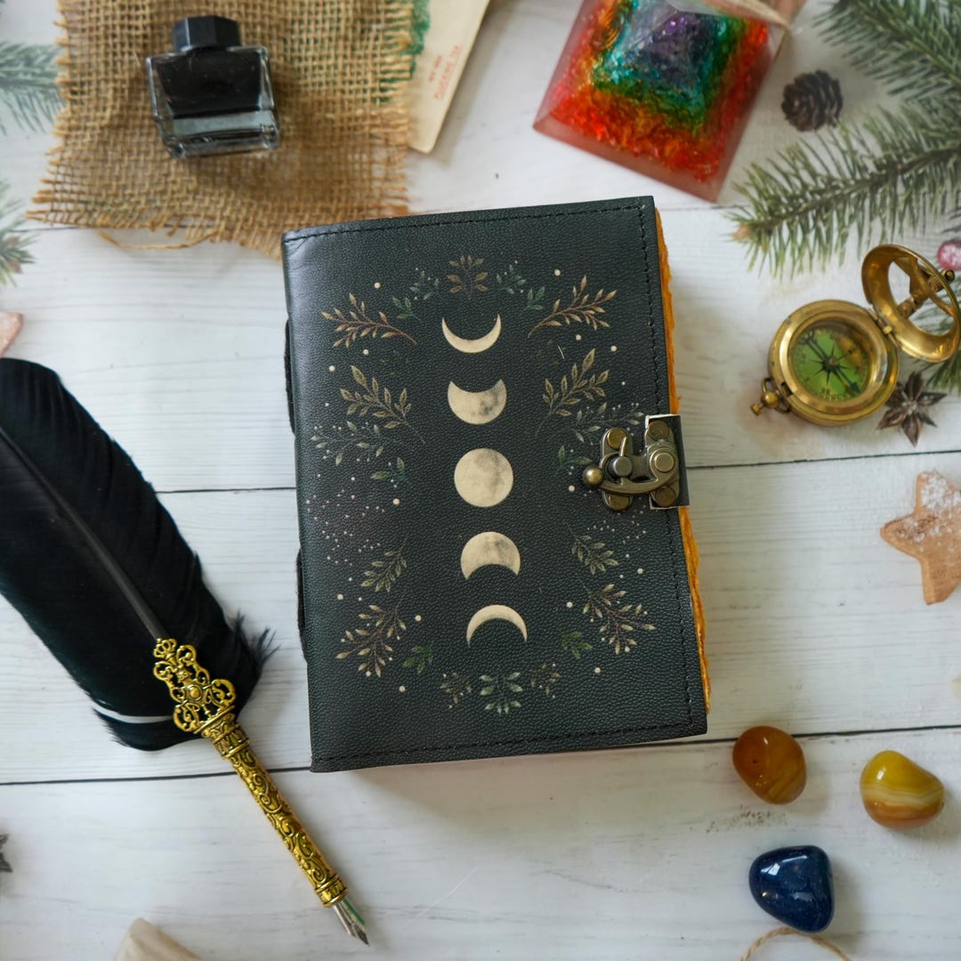 Moon Phases Blank Spell Book of Shadows Grimorie Leather Journal Wiccan ...