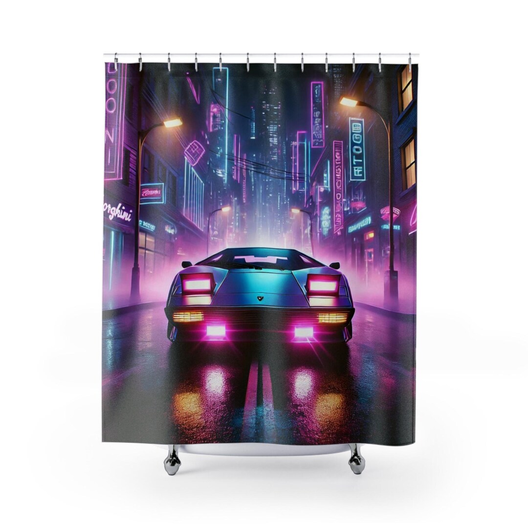 Countach Dream | Lamborghini Neon Shower Curtain | Retro 80s Car Decor ...