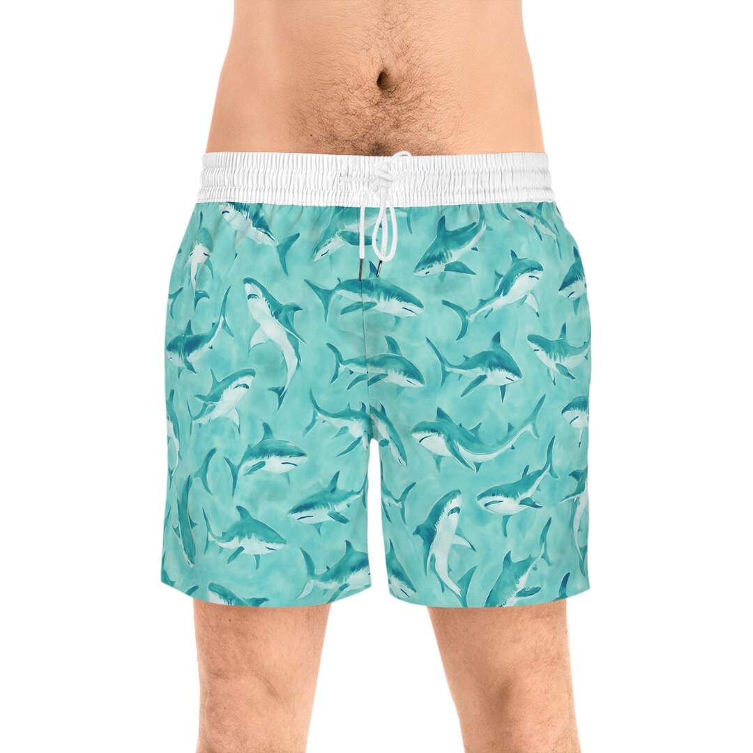 Shark Swim Shorts for Men | Light Blue Mid-length Trunks With All Over ...