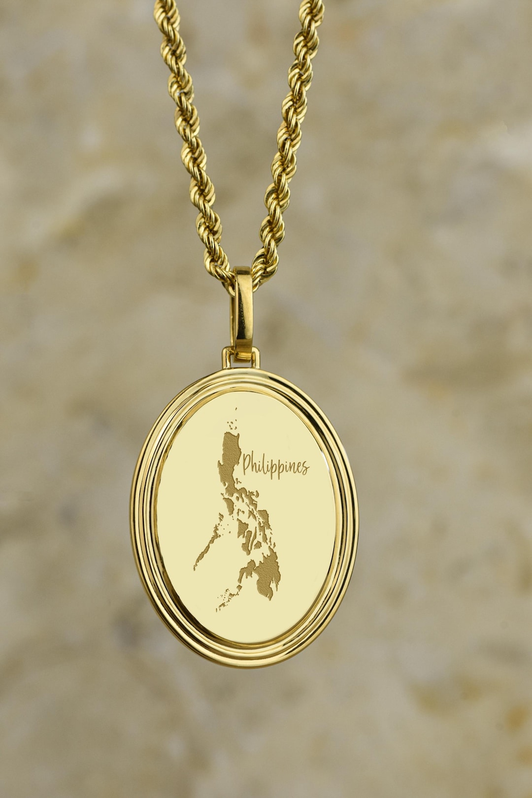 14K Gold Philippines Necklace, Engraved Tagalog Medallion, Homeland ...