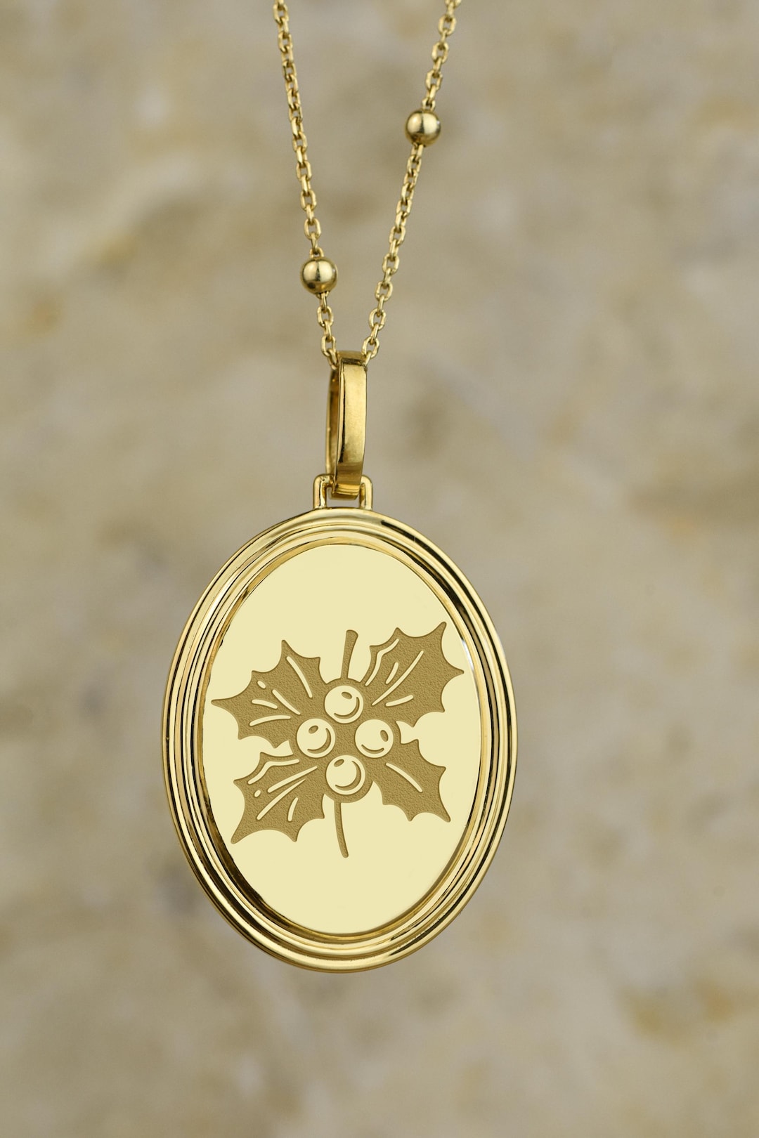 14K Gold Holly Necklace, Birth Flower Talisman, Engraved Christmas ...