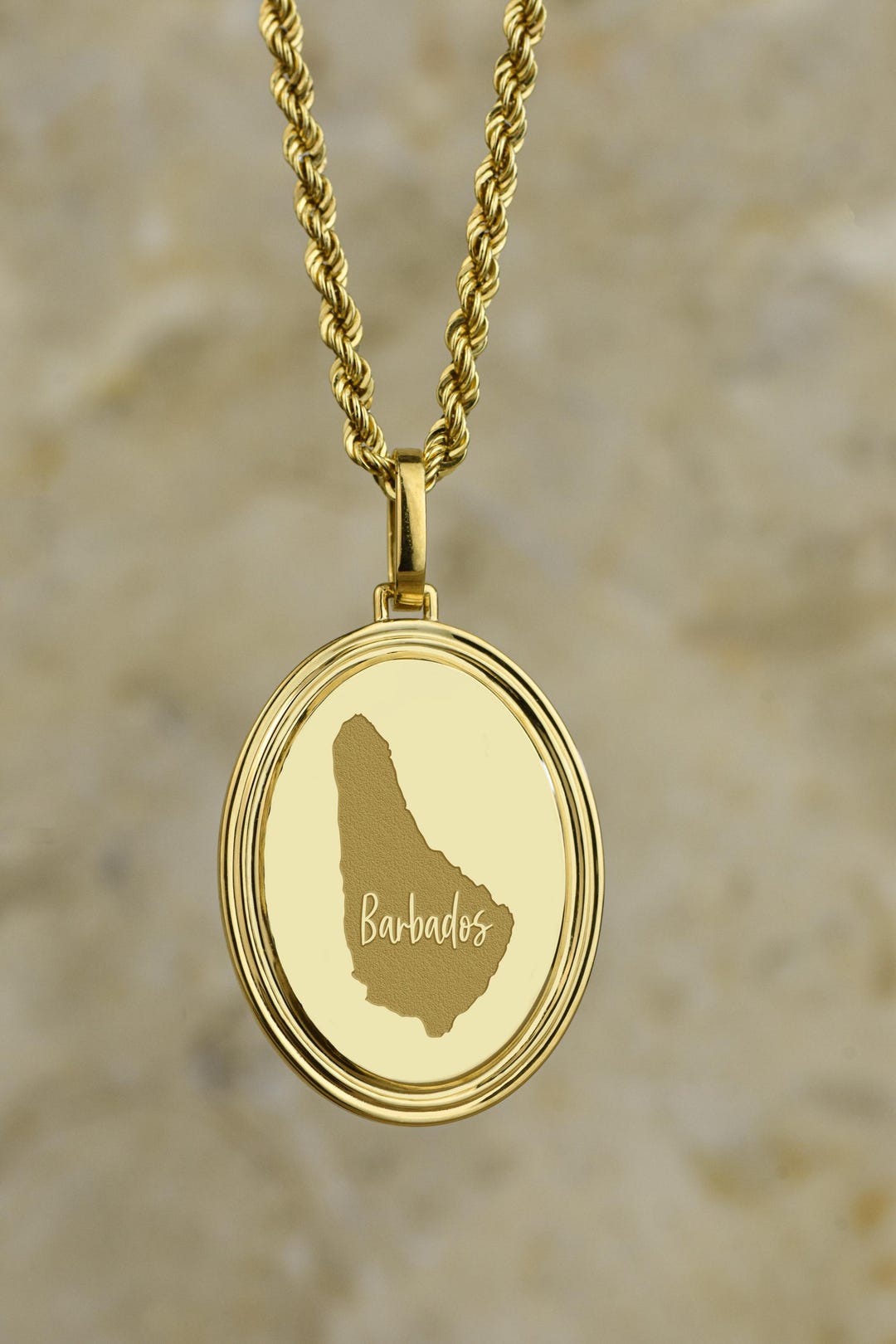14K Gold Barbados Necklace, Country Shape Medallion, Bridgetown ...