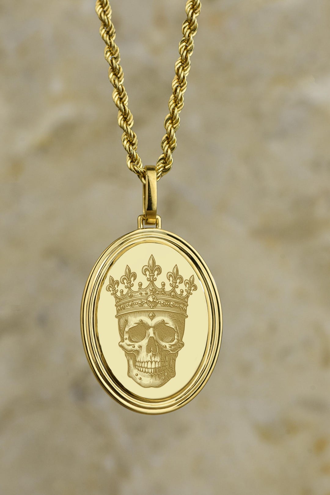 14K Gold Crowned Skull Necklace, King Cranium Charm, Leader Skull ...