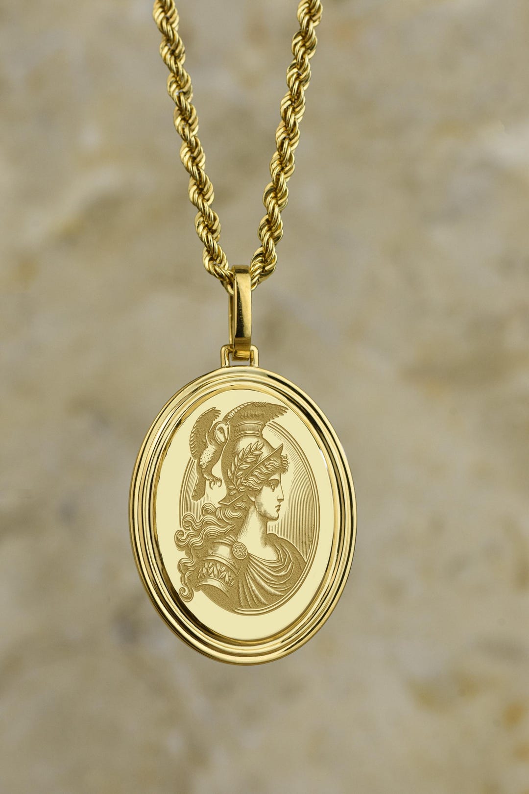 14K Gold Athena Necklace, Olympian Amulet, Wisdom Pendant, Warrior ...