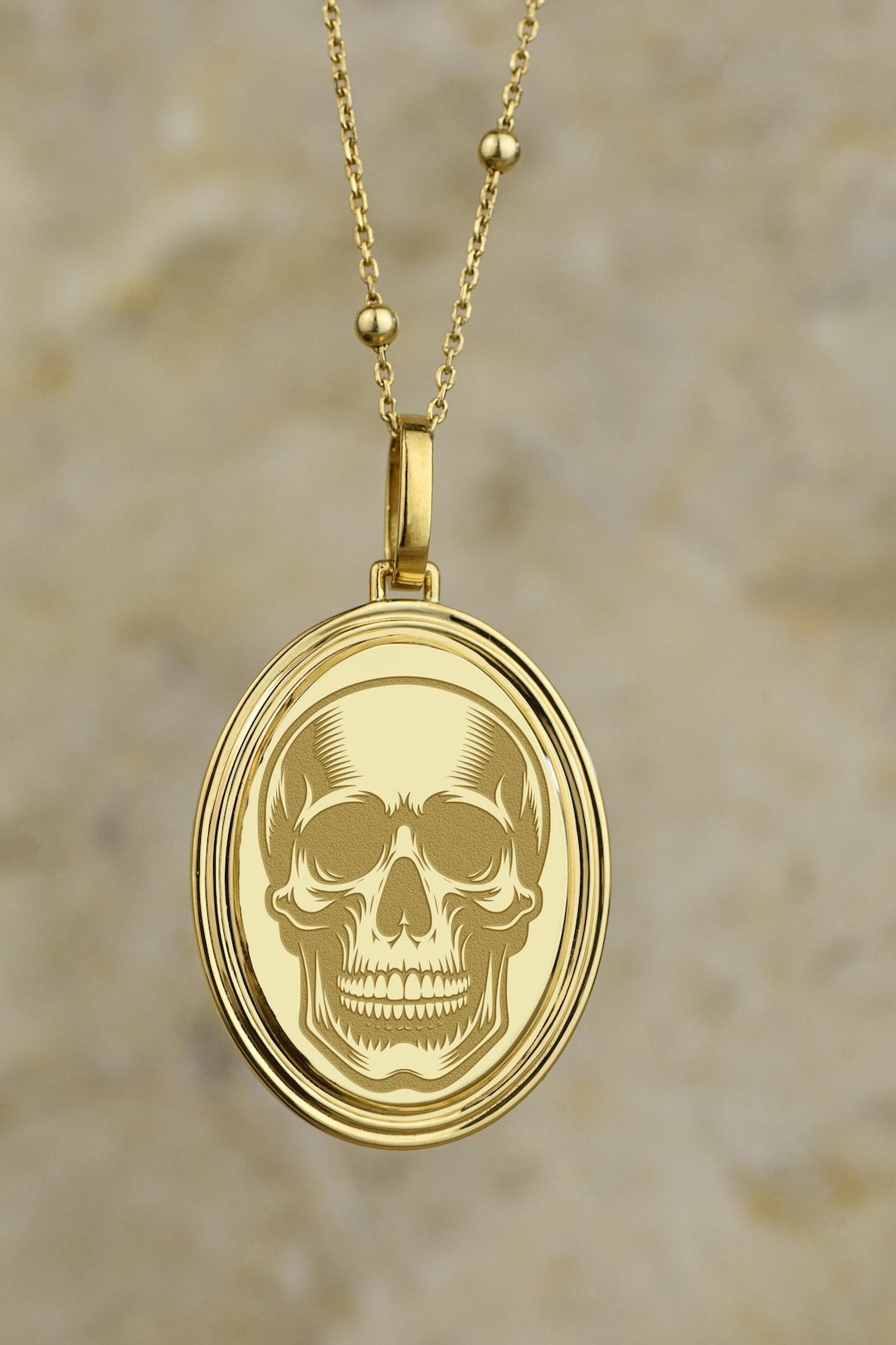 14K Gold Skull Necklace, Cranium Pendant, Engraved Deathshead Coin ...
