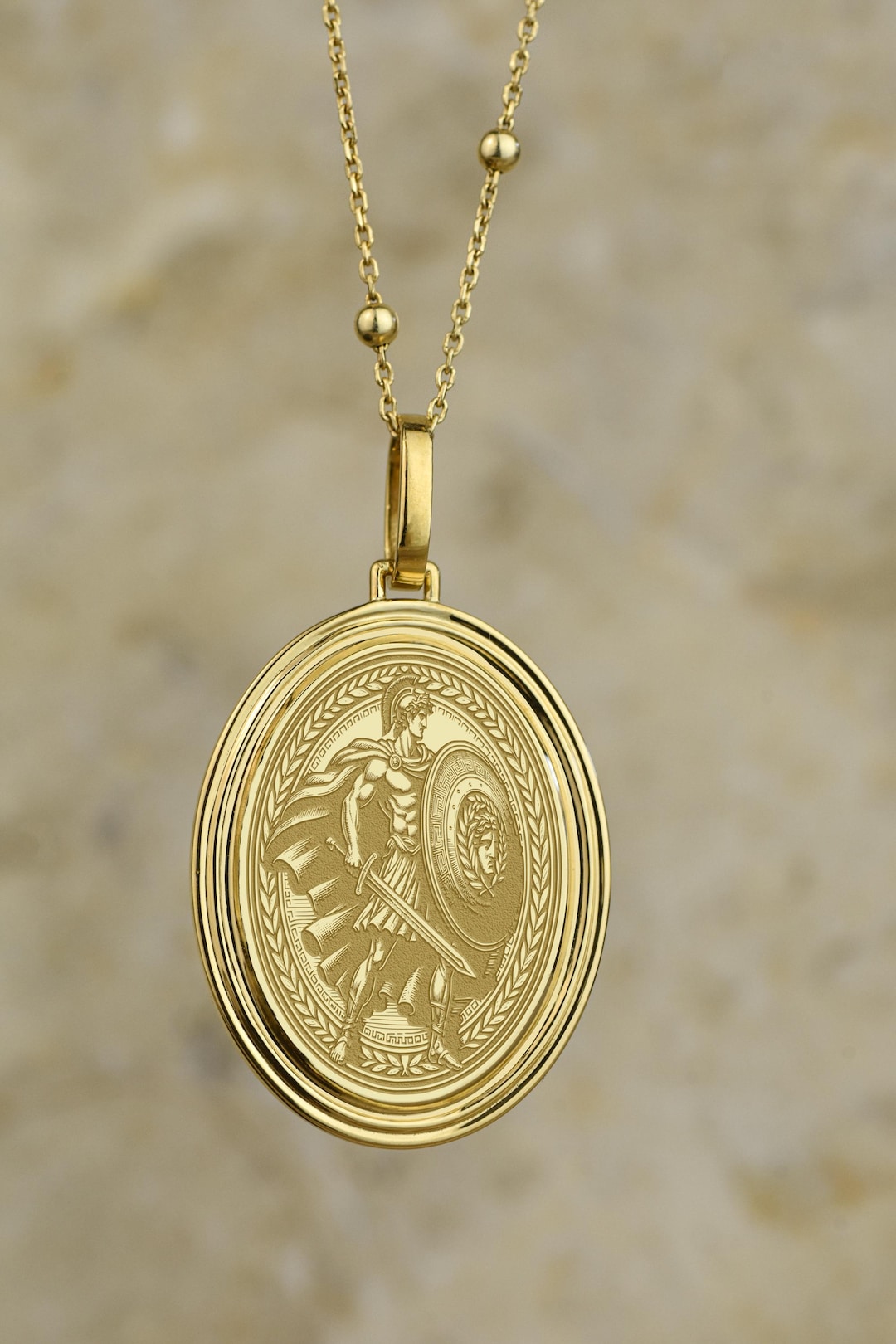 14K Gold Ares Necklace, Greek God Charm, God of War Pendant, Warrior ...