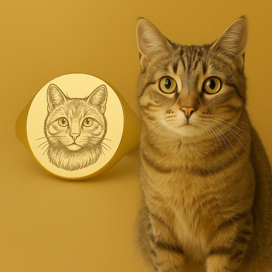 14K Gold Custom Cat Face Signet Ring for Men & Women, Personalized Cat ...