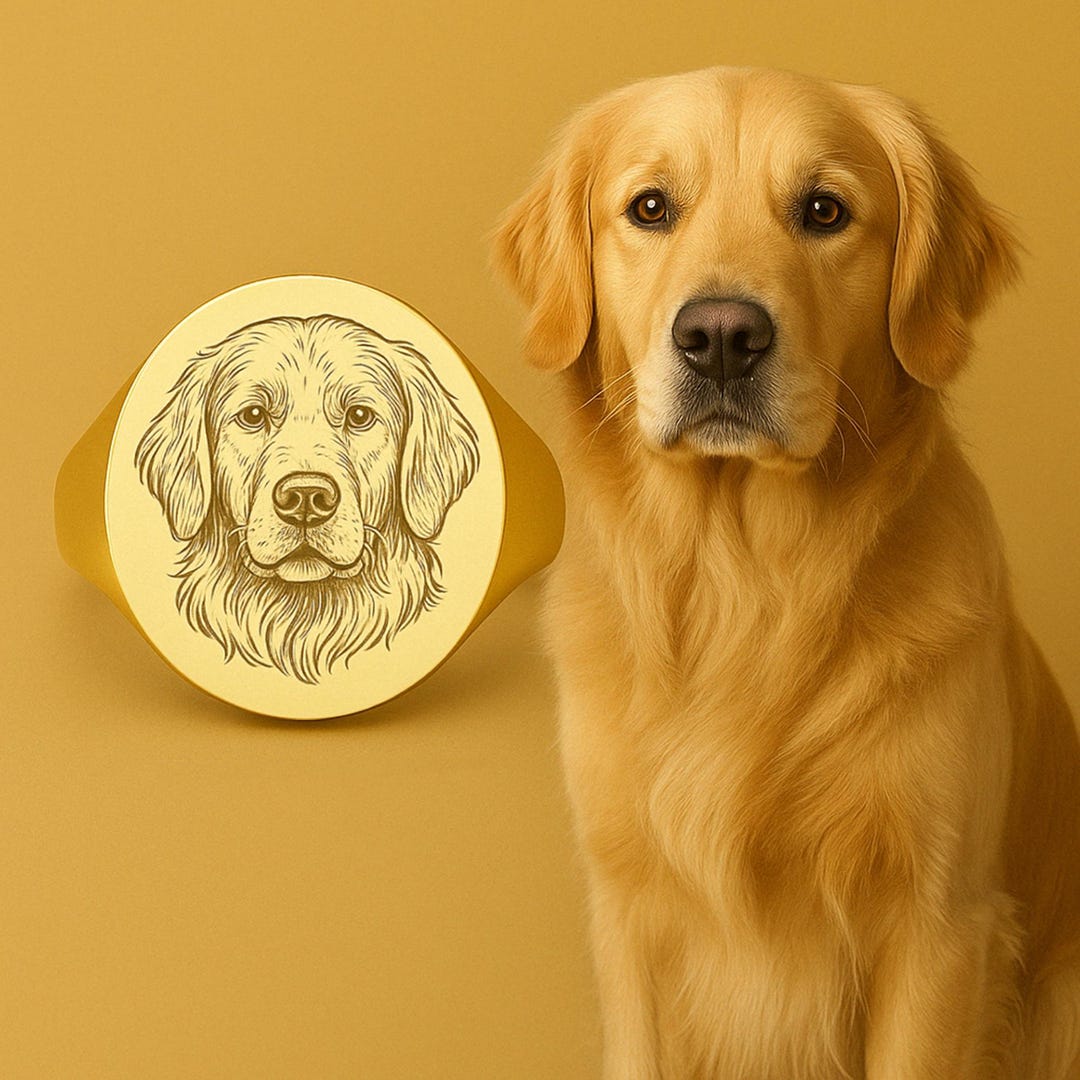 14K Gold Custom Dog Face Signet Ring, Personalized Dog Portrait Ring ...