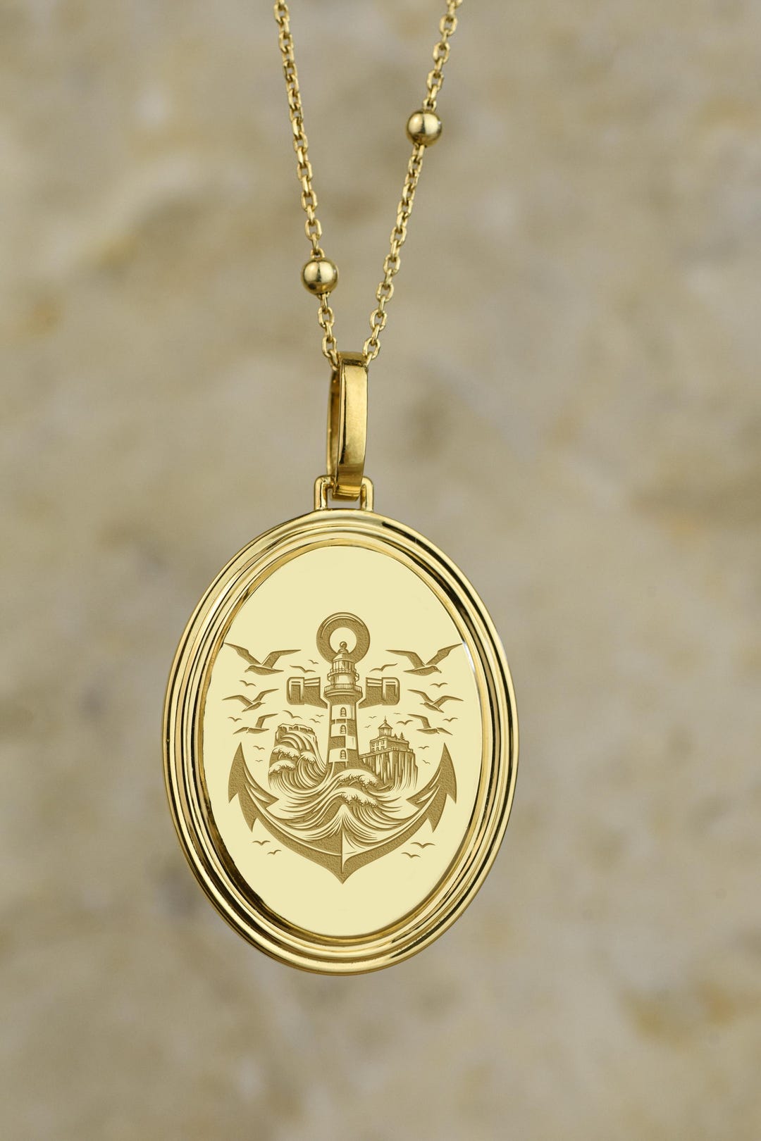 14K Gold Anchor Necklace, Nautical Pendant, Engraved Fisherman Charm ...