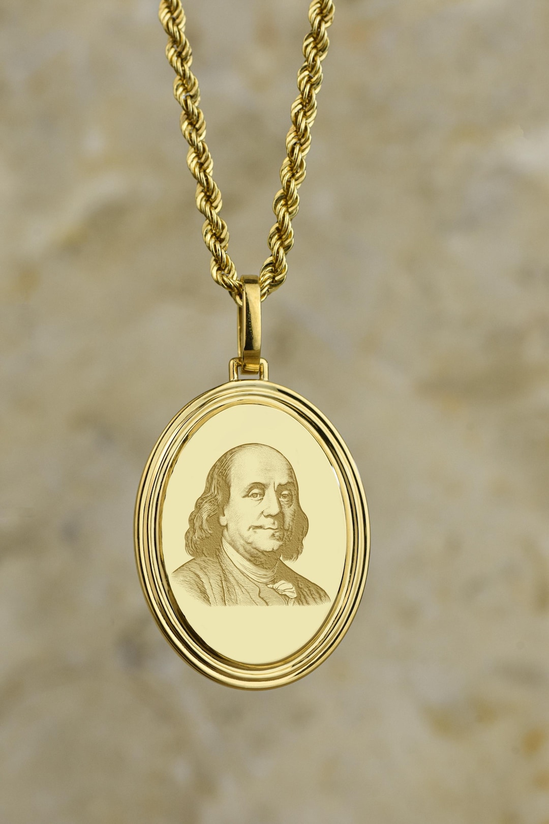 14K Gold Benjamin Franklin Necklace, Founding Father Medallion, Gold US ...