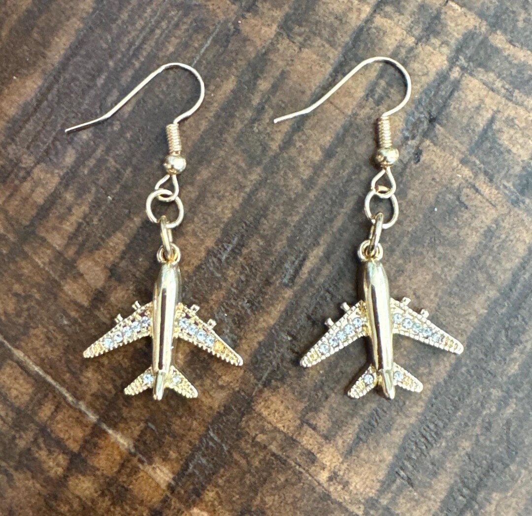 Gold Airplane Earrings, Rhinestone Aviation Travel Dangle Earrings - Etsy