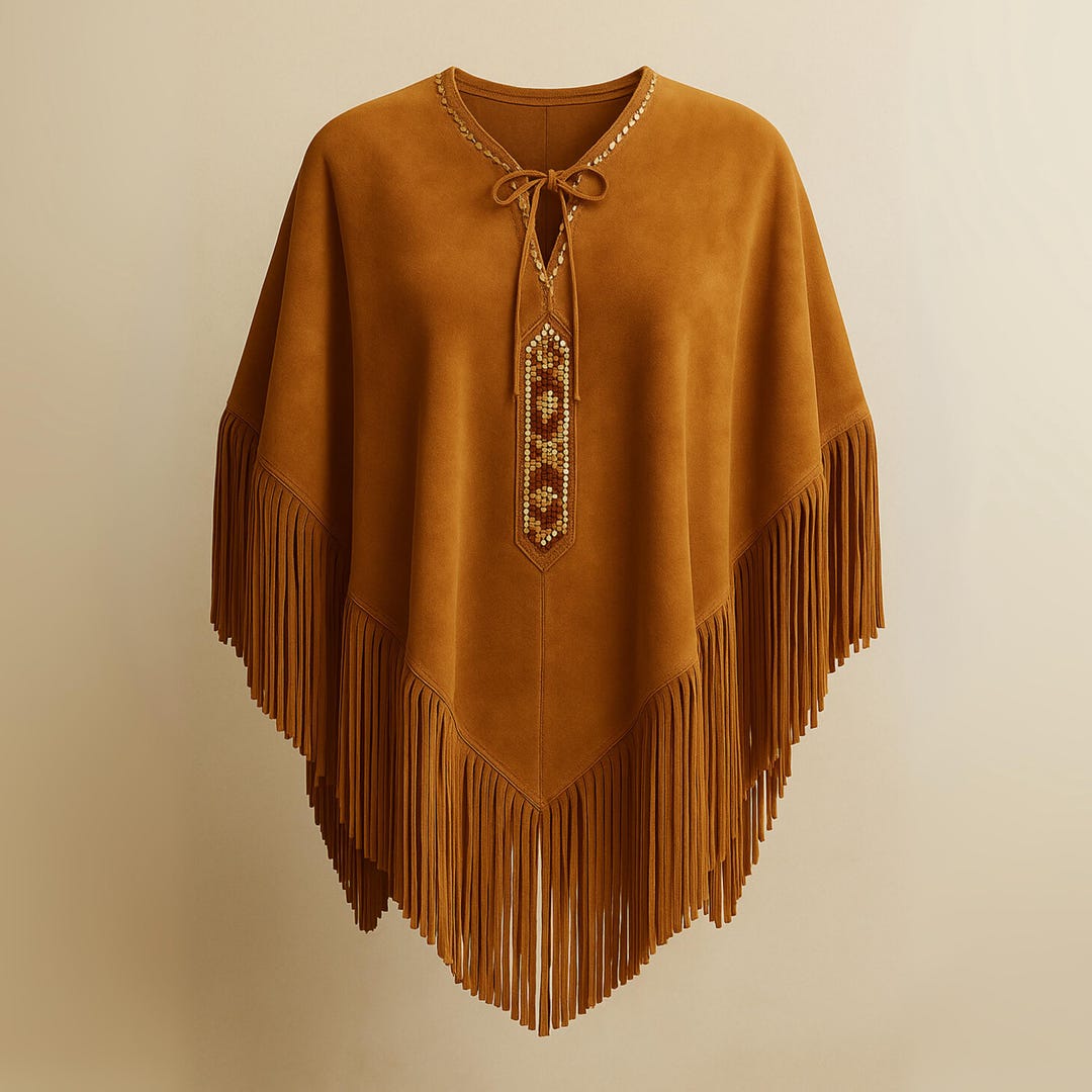Boho Fringe Suede Poncho | Beaded Western Cape - Etsy
