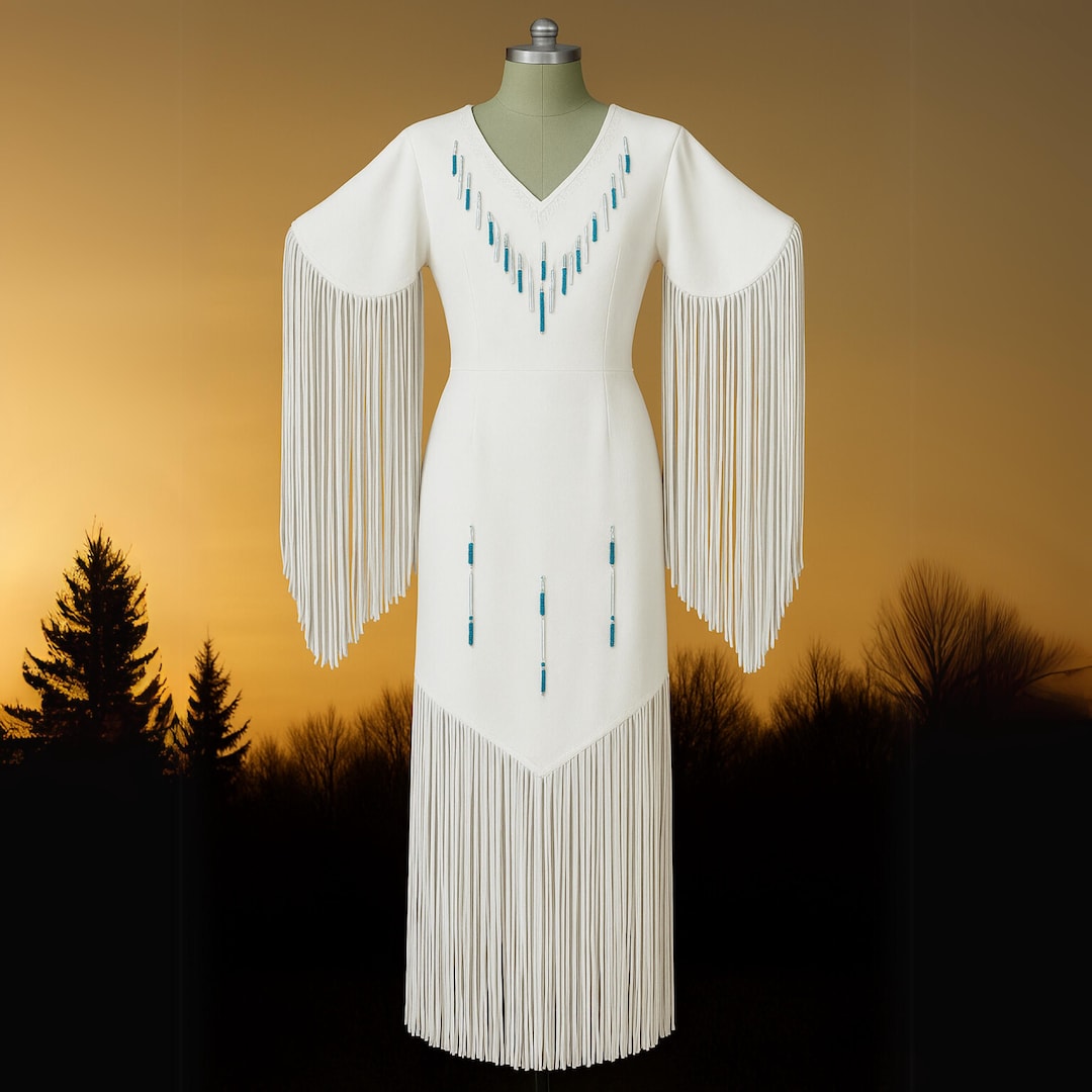 Handmade White Leather Native American Wedding Dress, Long Fringe ...