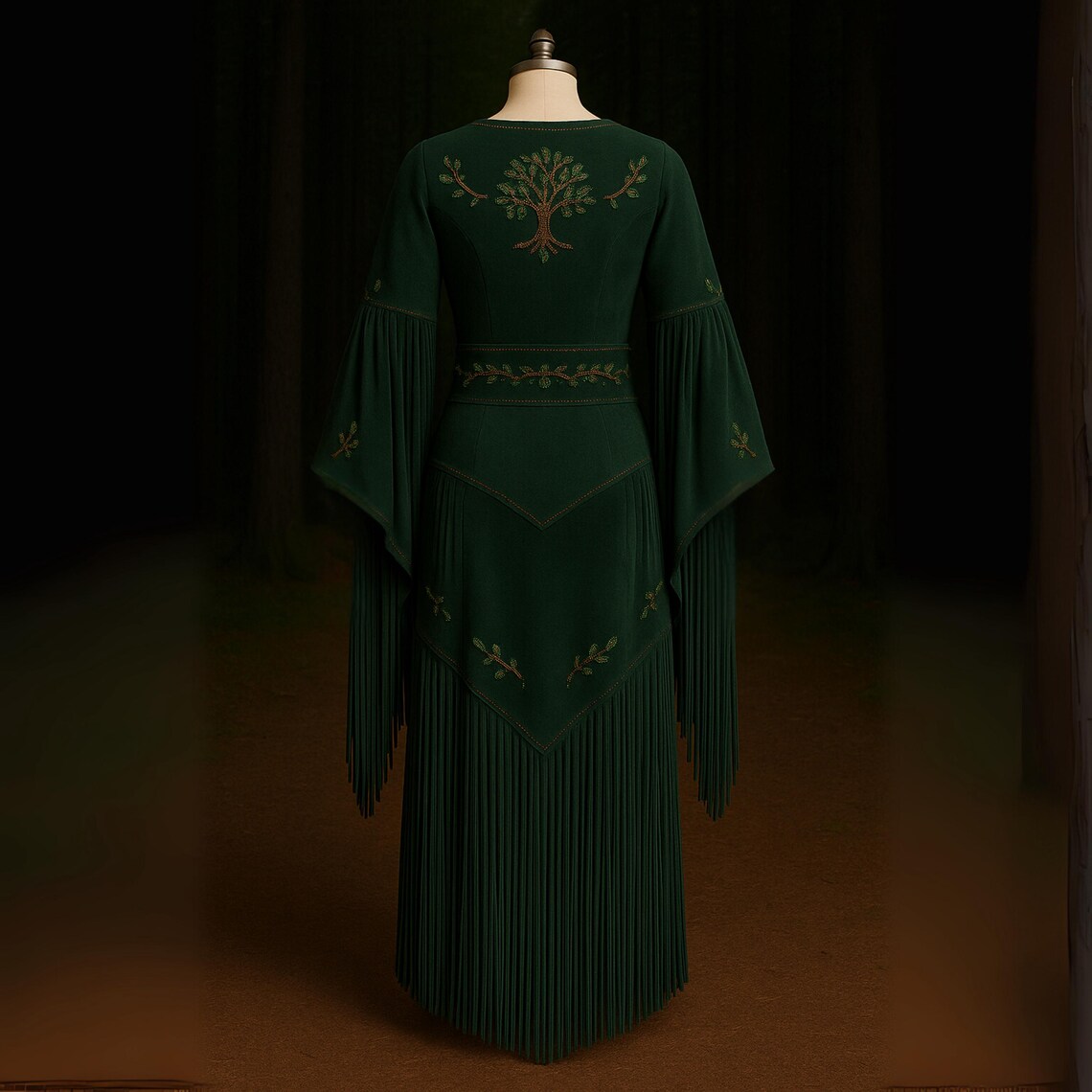 Handmade Women’s Forest Green Suede Dress, Elven Fringe Gown, Tree of ...