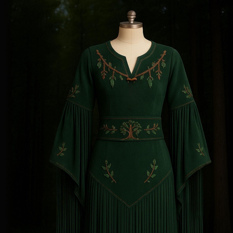 Handmade Women’s Forest Green Suede Dress, Elven Fringe Gown, Tree of ...