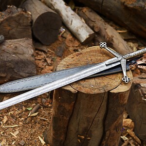 Hand Forged Damascus Steel Medieval Sword: Viking Claymore With Leather ...