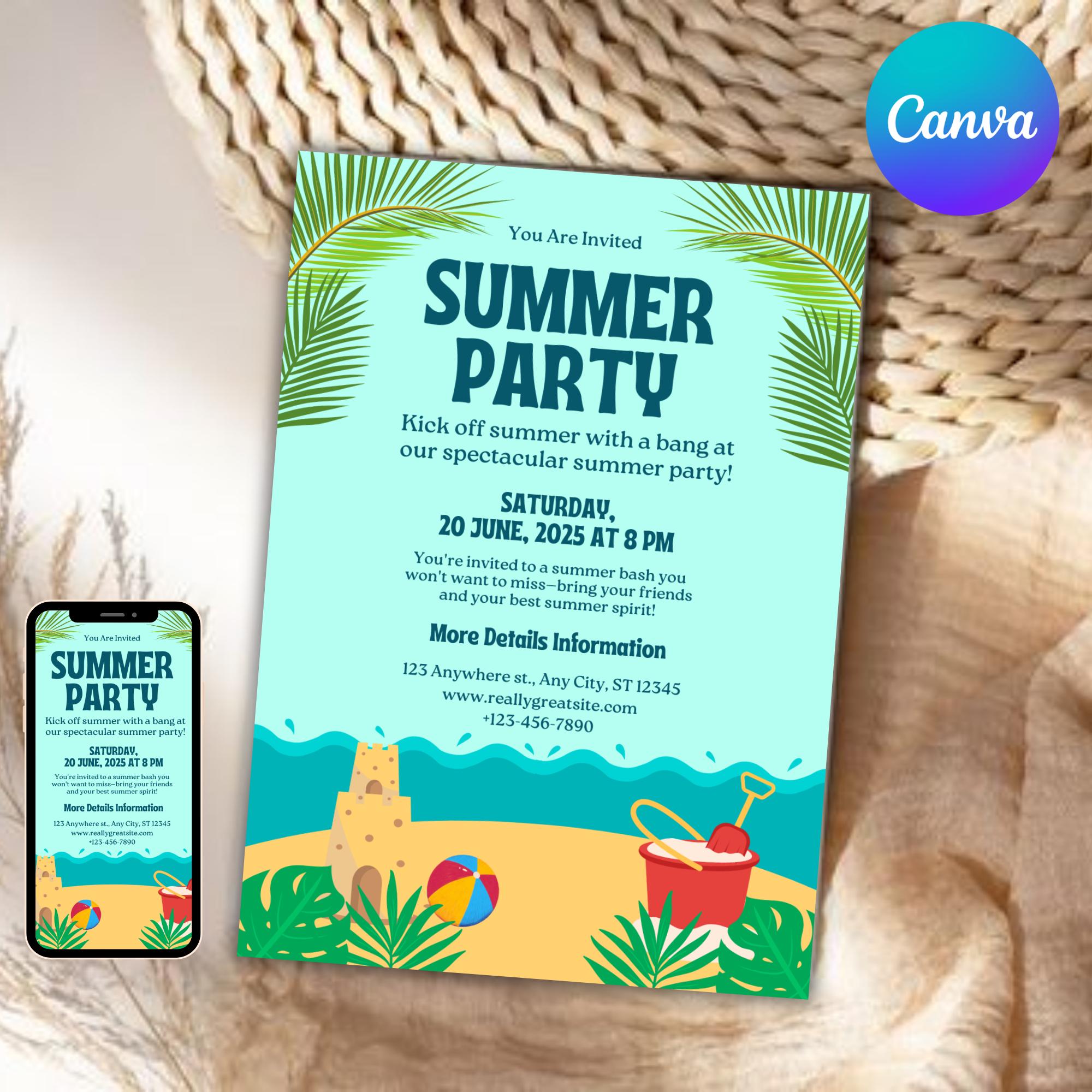 Editable Summer Beach Invitation, Summer Party Invitations, Summer Leaf ...
