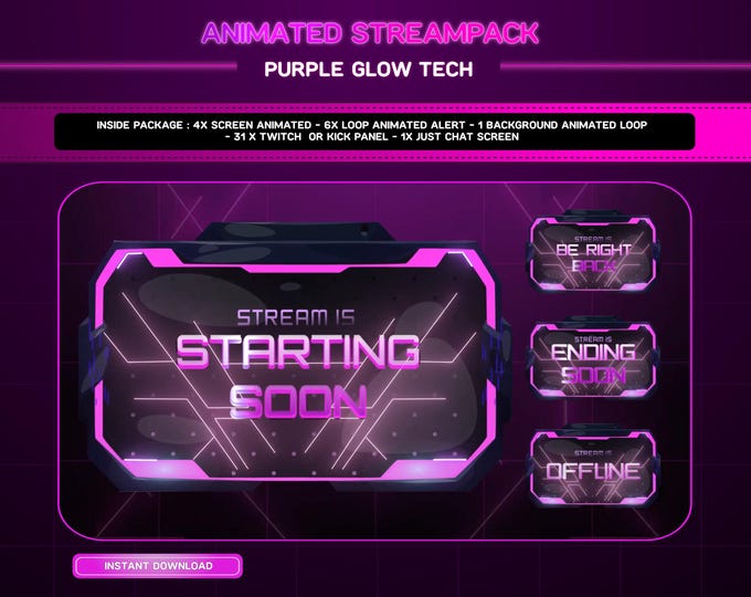 Animated Streampack Purple Glow Tech Overlays for Twitch, Youtube, OBS ...