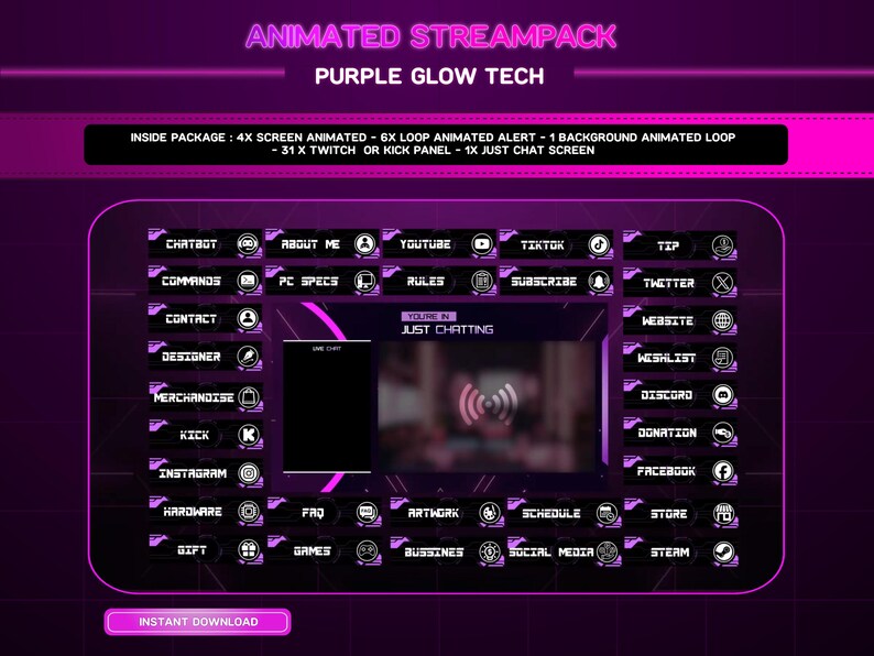 Animated Streampack Purple Glow Tech Overlays for Twitch, Youtube, OBS ...